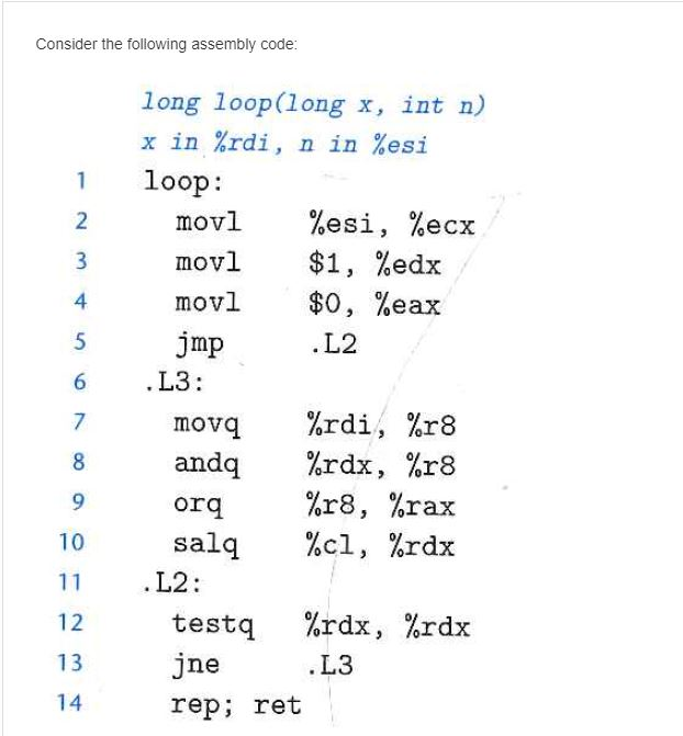 Solved Consider the following assembly code long loop(long | Chegg.com
