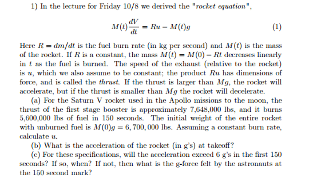 Solved In the lecture for Friday 10/8 we derived the "rocket | Chegg.com