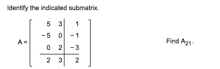 Solved Identify the indicated submatrix. 5 31 -5 01 0 23 | Chegg.com