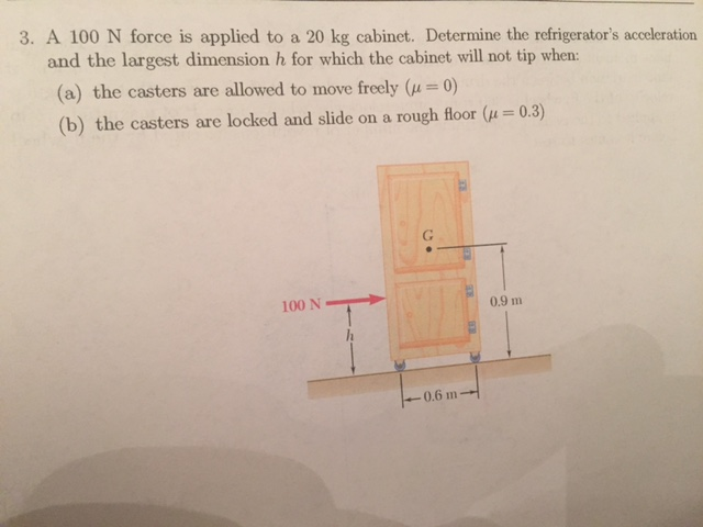 Solved A 100 N force is applied to a 20 kg cabinet. | Chegg.com