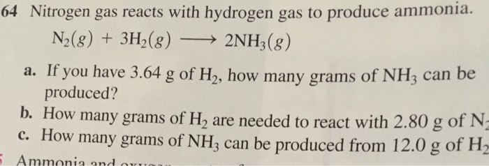 Solved Nitrogen gas reacts with hydrogen gas to produce | Chegg.com