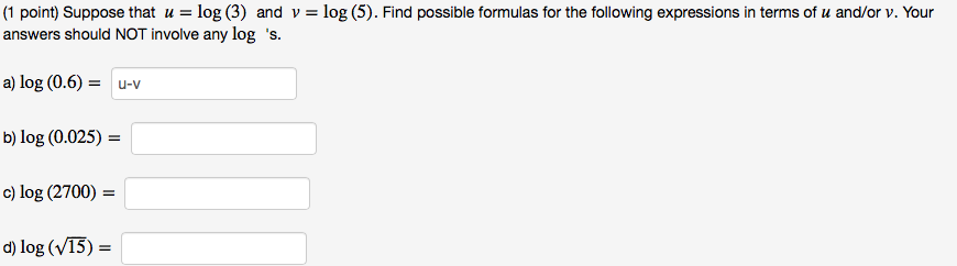 Solved Suppose that u = log (3) and v = log (5). Find | Chegg.com