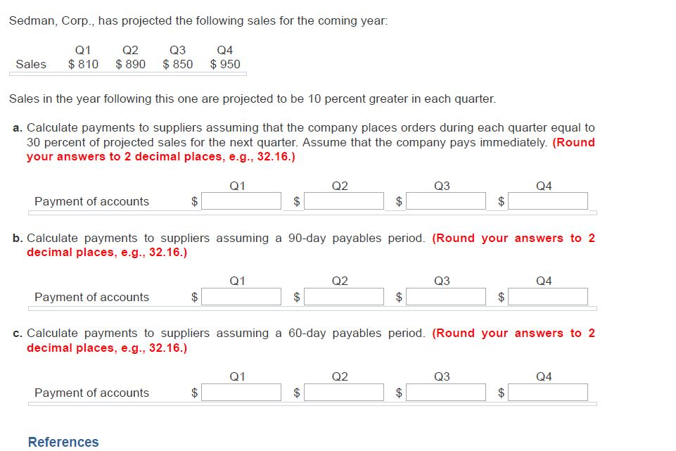 Solved Sedman, Corp., has projected the following sales for | Chegg.com
