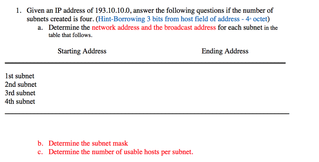 Solved Given an IP address of 193.10.10.0, answer the | Chegg.com