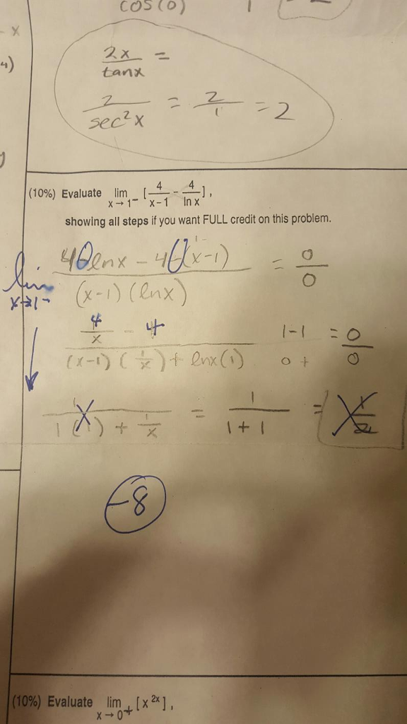 Solved Evaluate lim_x rightarrow 1^- [4/x - 1 - 4/ln x]. | Chegg.com