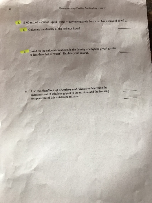 Solved relaboratory Problems Experiment 4 Density, Accuracy, | Chegg.com