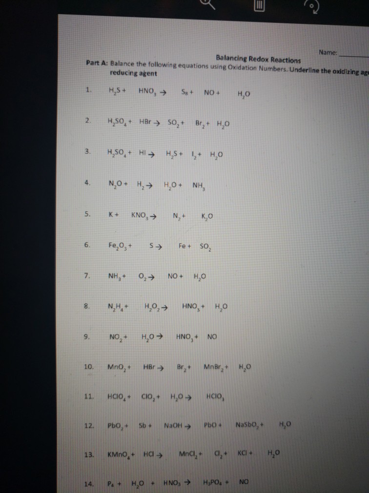 Solved Name: Balancing Redox Reactions Part A: Balance the | Chegg.com