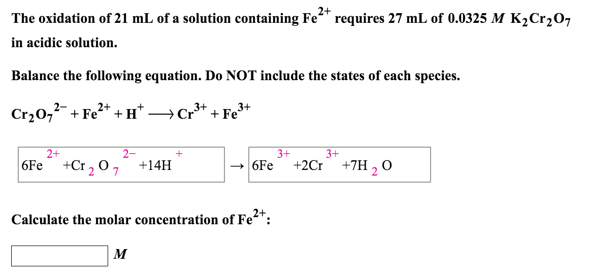 Solved 2+ The oxidation of 21 mL of a solution containing Fe | Chegg.com