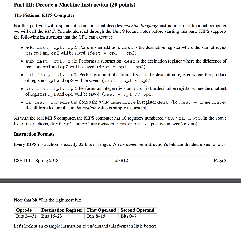 Solved Part III: Decode a Machine Instruction (20 points) | Chegg.com