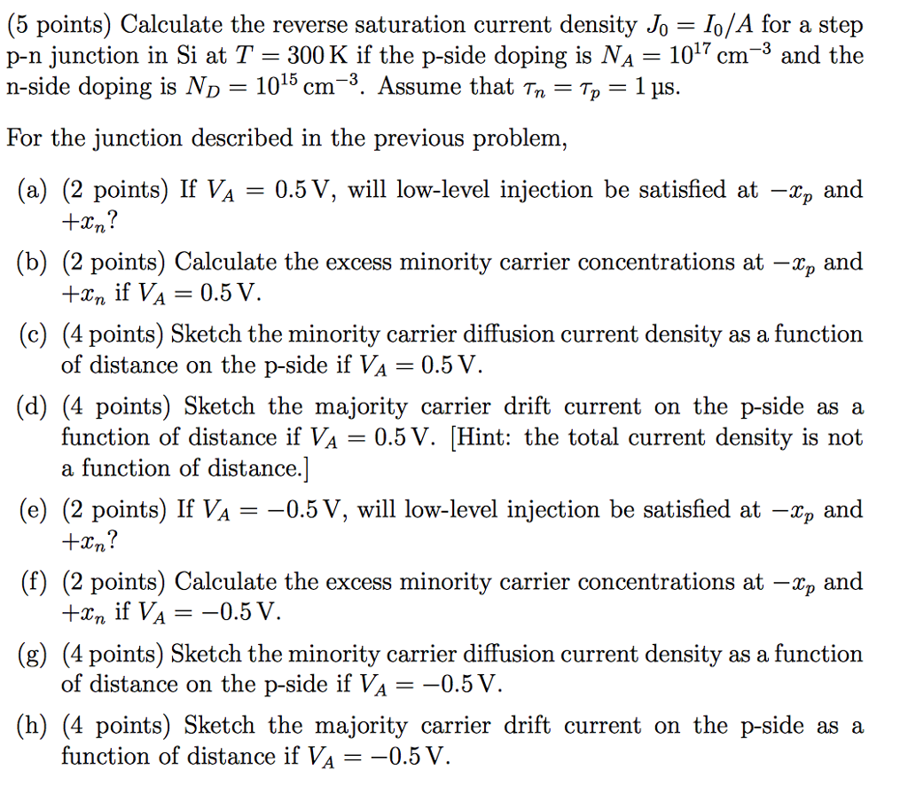 Solved (5 points) Calculate the reverse saturation current | Chegg.com