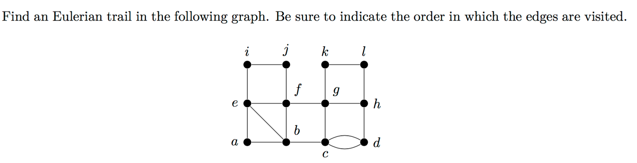 Solved Find an Eulerian trail in the following graph. Be | Chegg.com