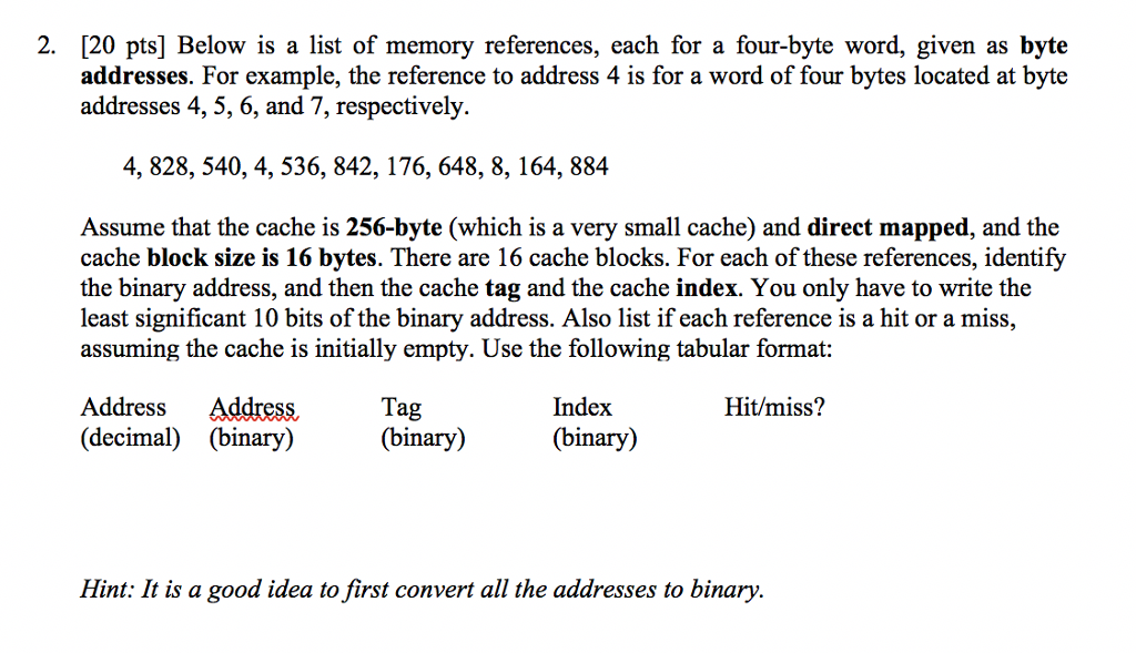 Solved 2. [20 pts] Below is a list of memory references, | Chegg.com