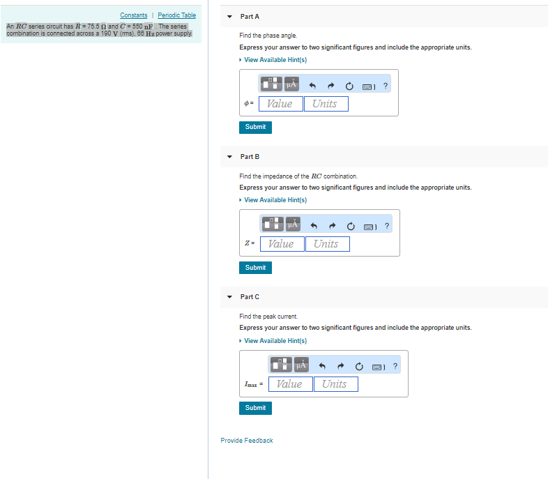 Solved Constants Periodic Table PartA AnRC series circuit | Chegg.com