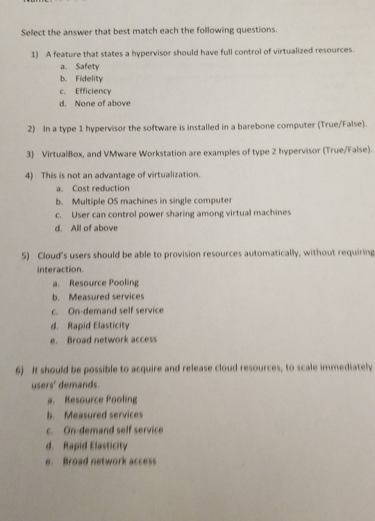 Solved Select the answer that best match each the following | Chegg.com