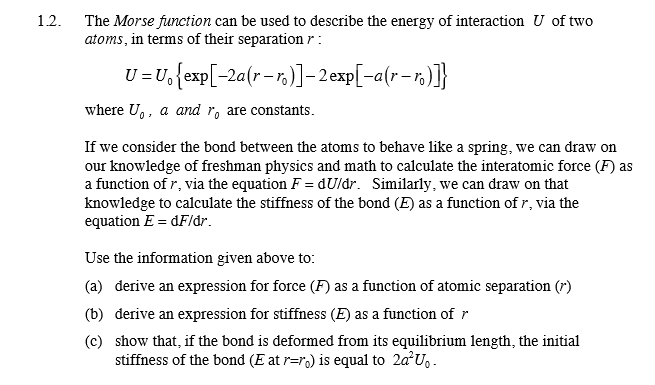 Solved The Morse function can be used to describe the energy | Chegg.com