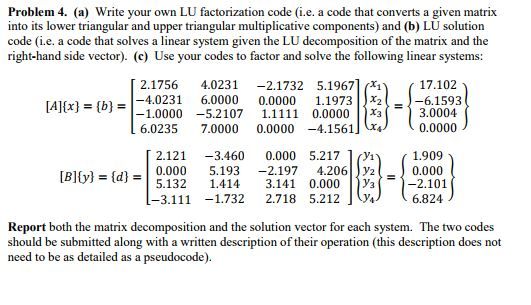 Solved Problem 4. (a) Write your own LU factorization code | Chegg.com