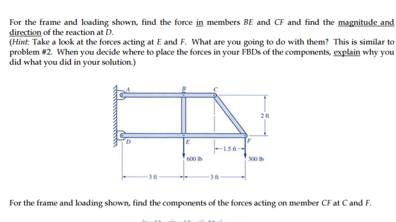 Solved For the frame and loading shown, find the force in | Chegg.com