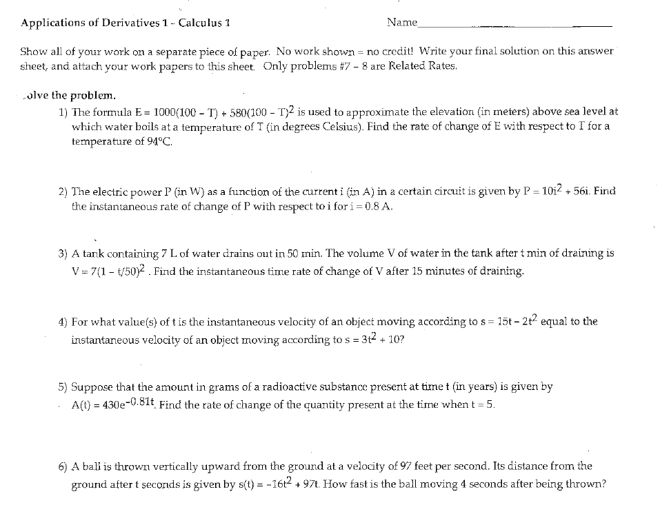 Solved Applications of Derivatives 1 - Calculus 1 Show all | Chegg.com