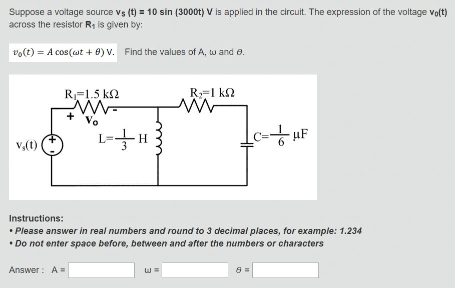Solved Suppose a voltage source vs (t) = 10 sin (3000t) V is | Chegg.com