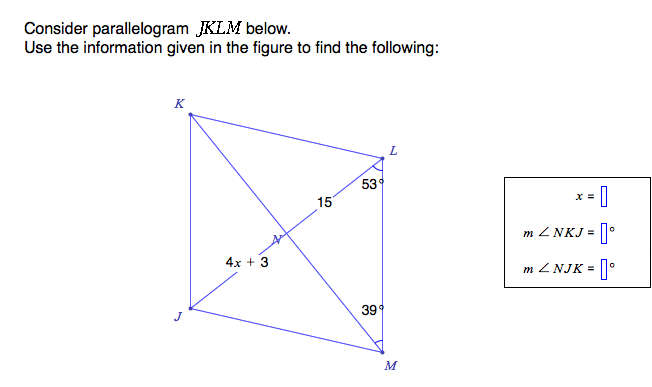 Solved Consider parallelogram JKLM below. Use the | Chegg.com