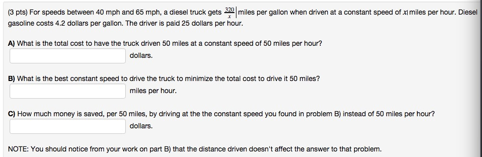 Solved For speeds between 40 mph and 65 mph, a diesel truck | Chegg.com