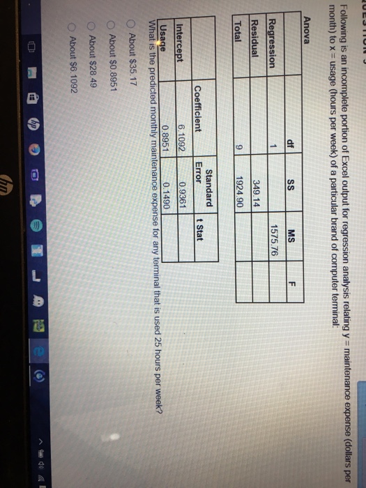 Solved Following is an incomplete portion of Excel output | Chegg.com