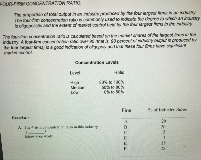 Solved FOUR-FIRM CONCENTRATION RATIO: The proportion of | Chegg.com