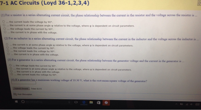 Solved For a resistor in a series alternating current | Chegg.com