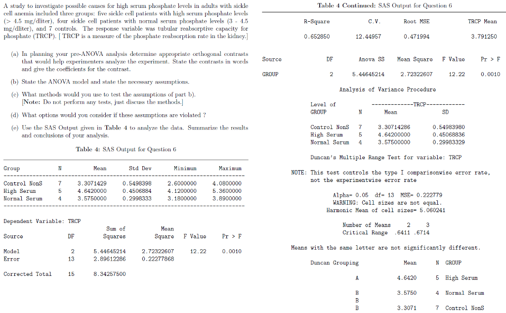 Solved Table 4 Continued: SAS Output for Question 6 A study | Chegg.com
