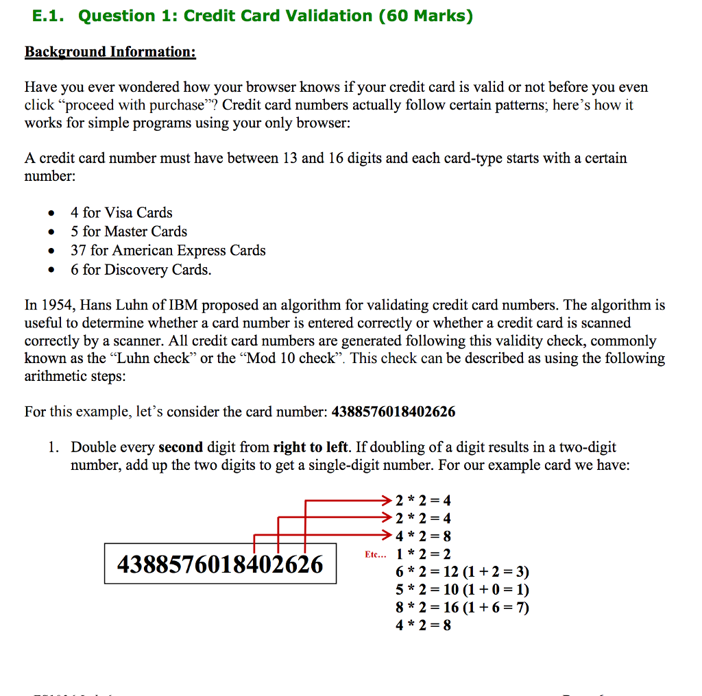 Solved E.1. Question 1: Credit Card Validation (60 Marks) | Chegg.com
