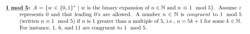 Solved 1 mod 5: A-{w {0,1)' I w is the binary expansion of n | Chegg.com