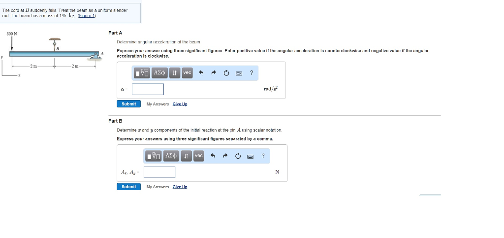 Solved The cord at B suddenly tails. Treat the beam as a | Chegg.com
