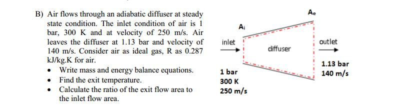 Solved B) Air flows through an adiabatic diffuser at steady | Chegg.com