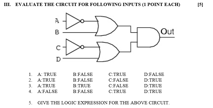 Solved EVALUATE THE CIRCUIT FOR FOLLOWING INPUTS A: TRUE B: | Chegg.com
