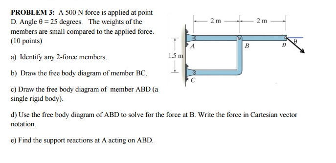 Solved A 500 N force is applied at point D. Angle theta = 25 | Chegg.com