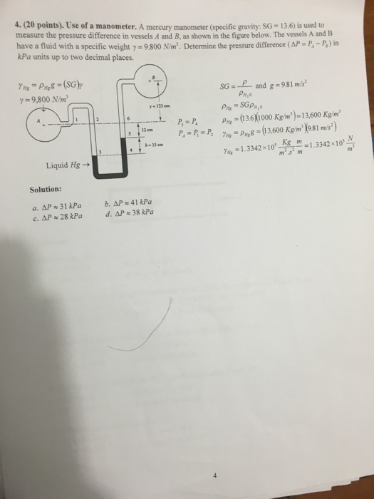 Solved A mercury manometer (specific gravity: SG - 13.6) is | Chegg.com