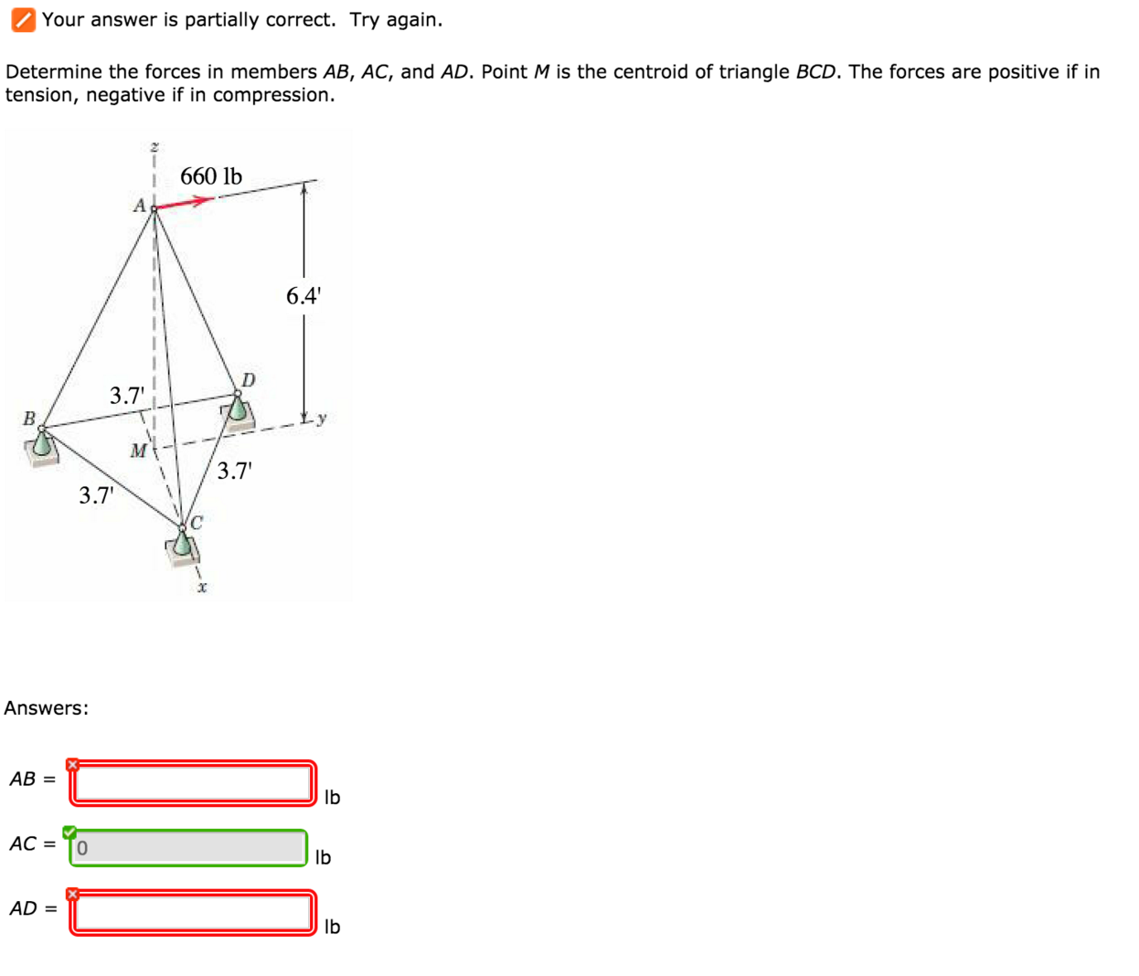 Solved Determine The Forces In Members Ab Ac And Ad Point
