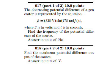 Solved The alternating potential difference of a generator | Chegg.com