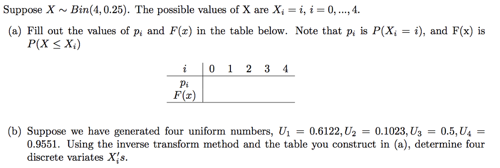 Solved Suppose X ~ Bin(4,0.25). The possible values of X are | Chegg.com