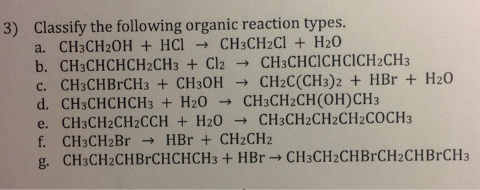 Solved Classify the following organic reaction types. | Chegg.com