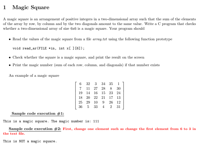 Solved 1 Magic Square A Magic Square Is An Arrangement Of