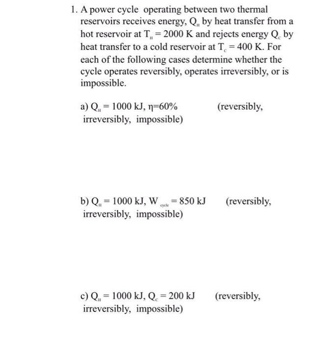 Solved A power cycle operating between two thermal | Chegg.com