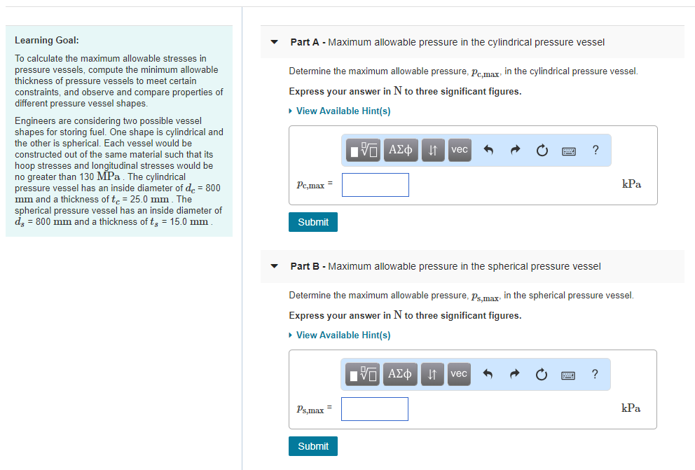 Solved Learning Goal: Part A - Maximum allowable pressure in | Chegg.com