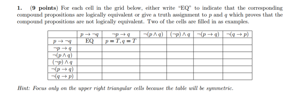 Solved 1. (9 points) For each cell in the grid below, either | Chegg.com