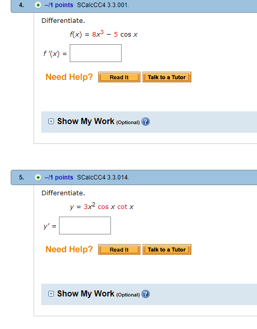 Solved 4. -1 points SCalcCC4 3.3.001 f '(x) = Need Help? | Chegg.com Solved 4. -1 points SCalcCC4 3.3.001 f '(x) = Need Help? | Chegg.com