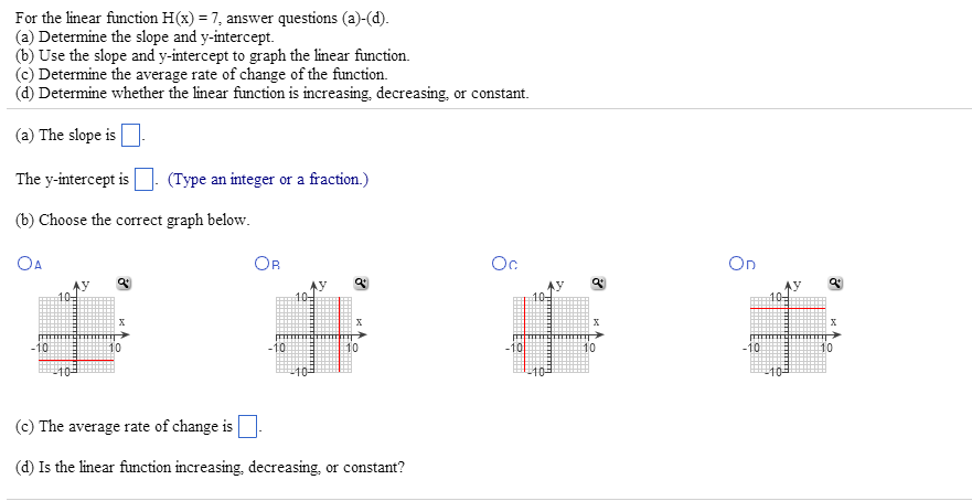 Solved For the linear function H(x) =7, answer questions | Chegg.com