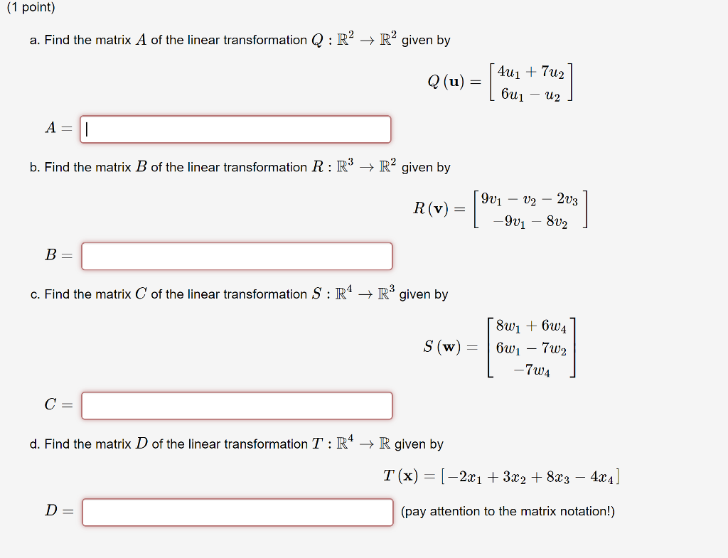Solved 1 point) a. Find the matrix A of the linear | Chegg.com