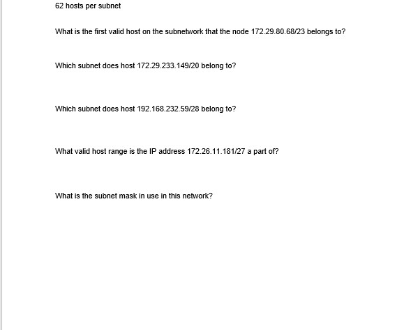 Solved 62 hosts per subnet What is the first valid host on | Chegg.com