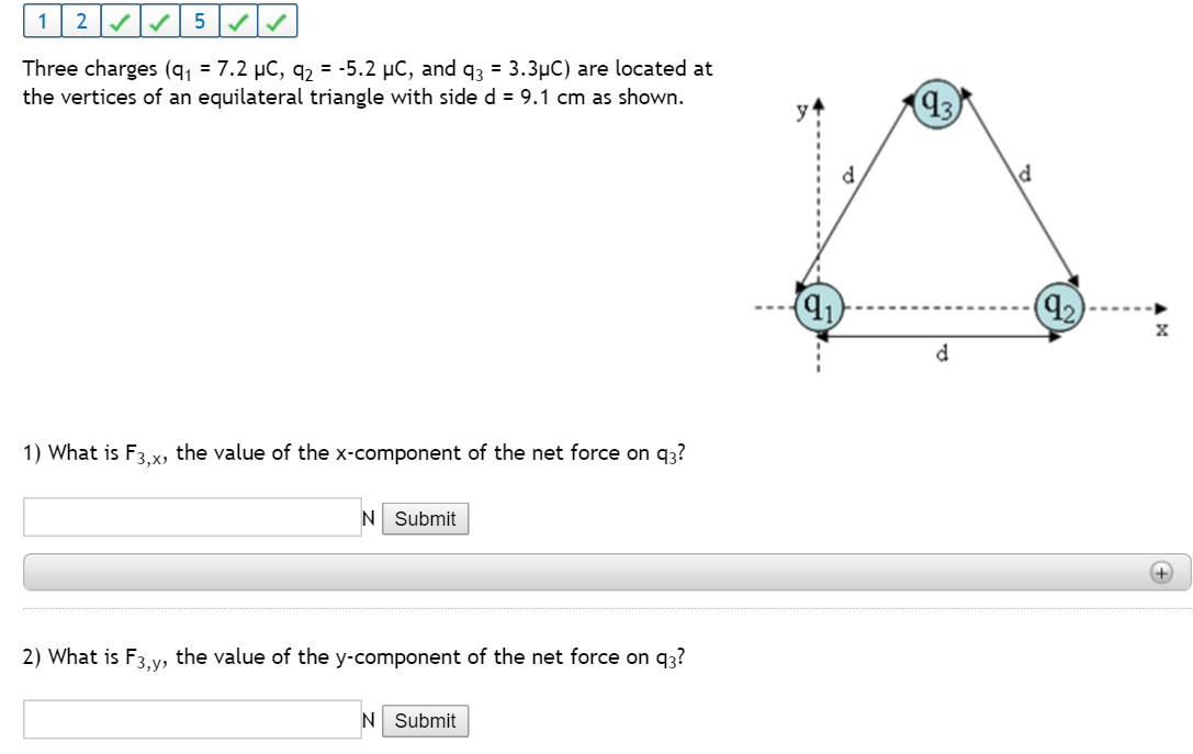 Solved Three charges (q1 = 7.2 ?C, q2 = -5.2 ?C, and q3 = | Chegg.com
