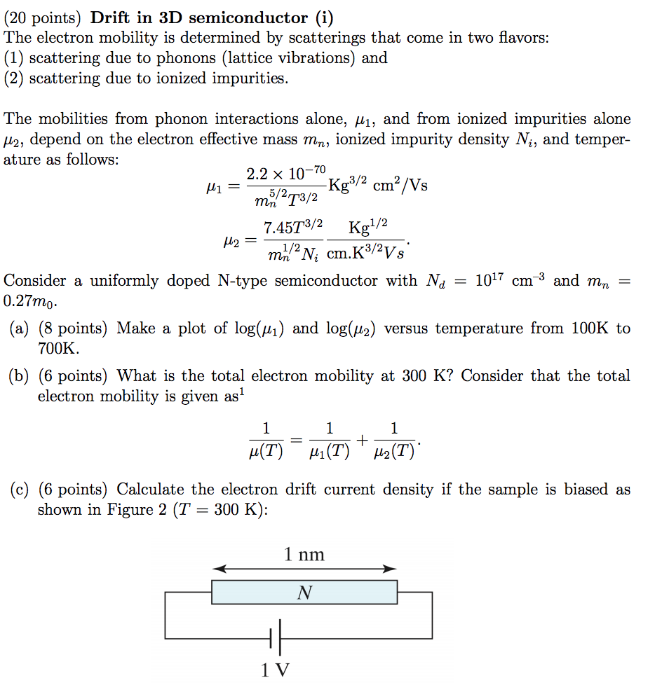 Solved (20 points) Drift in 3D semiconductor (i) The | Chegg.com